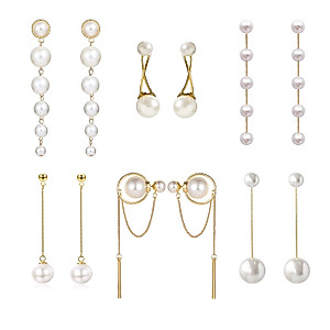 Big Simulated Pearl Long Tassel Drop Earrings for Women Double Sided Front Back Cross Imitation Pearl Dangle Earrings