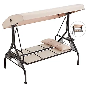 HOMREST Outdoor Porch Swing with Adjustable Canopy, Backrest, 3-Person Patio Canopy Swing Textilene Bed with Side Cup Holder, Pillow for Garden, Deck, Back Yard, Lawn (Khaki)