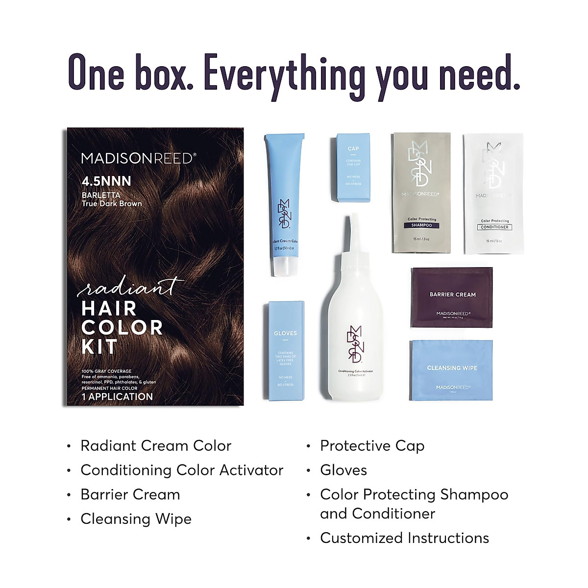 Madison Reed Radiant Hair Color Kit, Dark Brown for 100% Coverage of Resistant Gray Hair, Ammonia-Free, 4.5NNN Barletta Brown, Permanent Hair Dye, Pack of 1