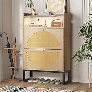 FiveWillowise Shoe Storage Cabinet, Shoe Cabinet with 2 Flip Drawers & Sensor Light, Entryway Slim Shoe Cabinet with Metal Frame, Hidden Shoe Qrganizer for Entrance/Hallway, Natural