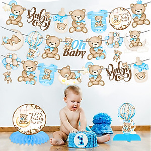 Teddy Bear Party Banner 3Pcs We Can Bearly Wait Baby Shower Decorations Blue Bear Baby Shower Banner for Baby Boy Gender Reveal Party Decorations