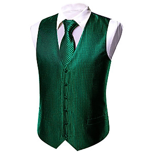 Barry.Wang Men Emerald Green Plaid Waistcoat with Tie Cufflinks Pocket Square Vest Set Wedding Christmas St. Patrick's Day