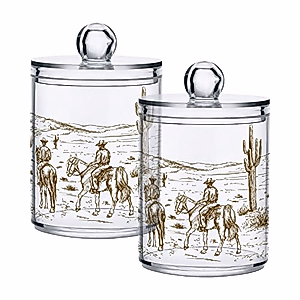 Nander 2Pack Qtip Holder Dispenser -Horse and Cactus Clear Plastic Apothecary Jars Set - Restroom Bathroom Makeup Organizers Containers for Cotton Swab, Ball, Pads, Floss