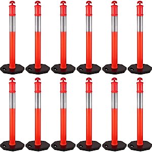VEVOR 12Pack Traffic Delineator Posts 44 Inch Height, Channelizer Cones Post Kit 10 inch Reflective Band, Delineators Post with Rubber Base 16 inch for Construction Sites, Facility Management etc