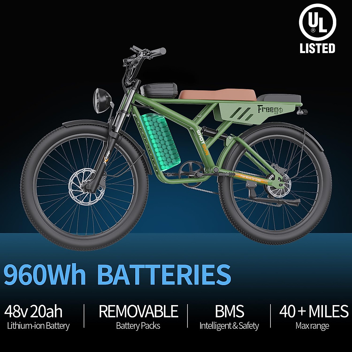 Freego Electric Bike for Adults, 1000W/48V/20Ah, F4 Electric City Bike 24 x 2.4 MTB Tires Ebike Electric Bicycles Removable Battery, 28MPH & 40 Miles, with Rear Cargo Rack
