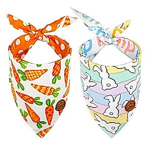 Crowned Beauty Easter Dog Bandanas Large 2 Pack, Bunnies Hip Hop Set, Carrots Polka Dots Adjustable Triangle Holiday Reversible Scarves for Medium Large Extra Large Dogs Pets