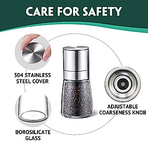 KITEXPERT Salt and Pepper Grinder Set, Chunky Glass Pepper Mill and Salt Grinder Refillable with Large Capacity & Upgraded Grinding Precision, Stainless Steel Pepper Mill Grinder
