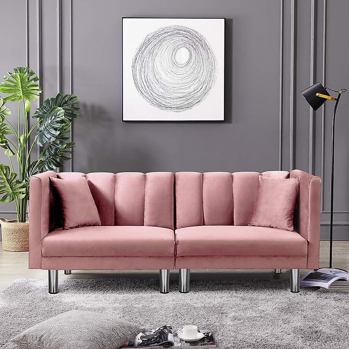 SLEERWAY Velvet Futon Sofa Bed with Two Pillows, Modern Sleeper Sofa Couch with 3 Adjustable Angles, Convertible Small Loveseat for Living Room, Pink