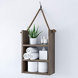SFC Rustic Wood Bathroom Shelf Over Toilet, Bathroom Decor, Bathroom Shelves Wall Mounted, Rustic Bathroom Decor, Rustic Shelves, Farmhouse Bathroom Decor, Ladder Style Rope Hanging Shelf (Small)