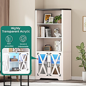 YITAHOME Bookcase with Doors&LED Light, White Bookshelf with Storage Cabinet, Wooden Farmhouse Bookshelves for Living Room/Bedroom/Dining Room/Bathroom