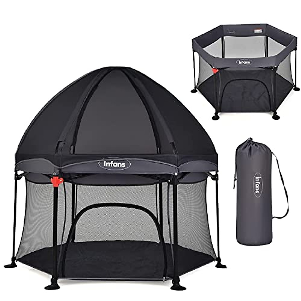 INFANS Baby Playpen with Removable Mesh & UV Canopy, 53" Portable Playhouse with Carry Bag, Dome, Padded Floor, Easy Folding Playard Activity Center (Dark Grey)