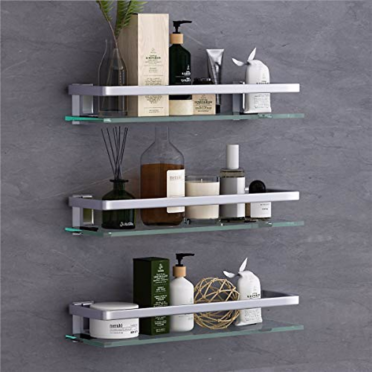 VOLPONE Bathroom Wall Shelf 15.7in Bathroom Glass Shelves Bathroom Shelves Wall Mount Glass Floating Shelf Rustproof Bathroom Wall Organizer 3 Tier (Sliver)