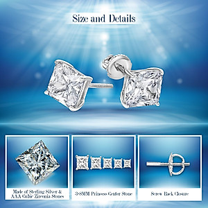 NYC Sterling Unisex Princess Cubic Zirconia Screw Back Stud Earring 3 to 8 MM (4MM)
