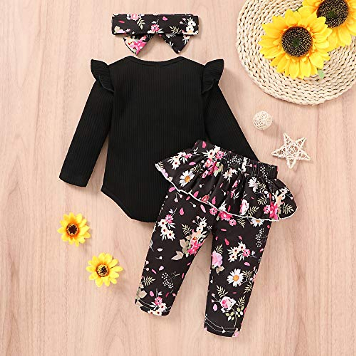 YOUNGER TREE 3PCS Newborn Infant Girls Clothes Baby Girl Fall Outfits Mustard Yellow Romper Baby Clothes Gril Winter Outfits (12-18 Months, Black Romper+Floral Skirt Pants Set)