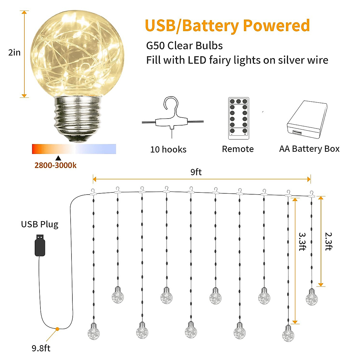 YOLIGHT Wishing Ball Curtain Lights 200 LED Window Curtain String Lights with Remote, USB Battery Powered Twinkle Globe Fairy Lights for Wedding Party Bedroom Christmas Decoration (Warm White)