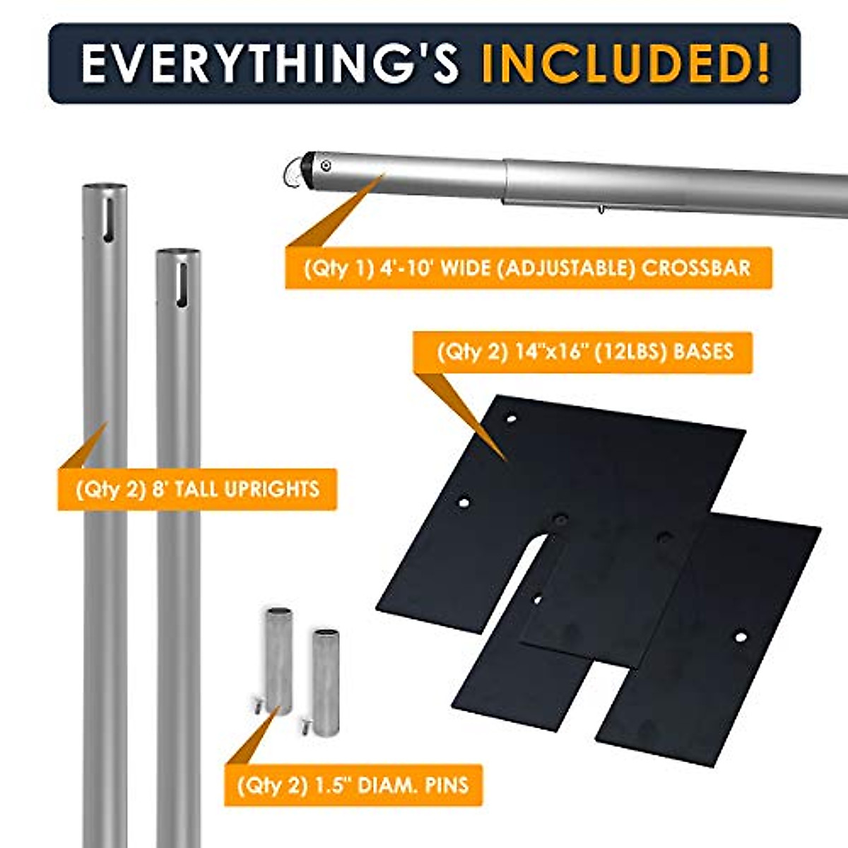 Urquid Linen Pipe and Drape Adjustable Uprights, Crossbars, Bases & Hangers - Drape Systems for Backdrops, Trade Shows, Events, Photo Booths and Decorations (8' Tall x 10' Wide Kit, Kits)