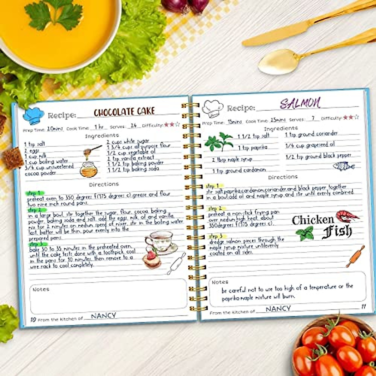 LuBudingJoy Blank Recipe Notebook to Write in Your Own Recipes, Full Page Sprial Hardcover Personal Recipe Organise, Recipe Journal Hold 140 Recipes (Cerulean)