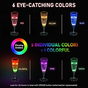HOMEYA LED Champagne Flutes (Set of 6 Multi-Color), Water Liquid Activated Light Up Cups Flashing Wine Glasses Blinking Cocktail Whisky Drinkware Glow Dark for Christmas Halloween Party Wedding Gifts