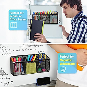 MaxGear Magnetic Pen Holder, Mesh Pencil Holder for Desk Storage Basket Organizer Magnetic Marker Holder - Extra Strong Magnets Perfect for Locker Accessories, Whiteboard, School, Office, 3 Baskets