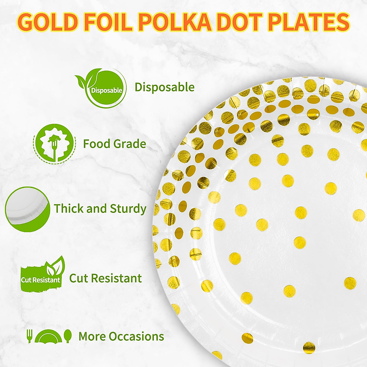 DYLIVeS White and Gold Paper Plates, 7 inch Metallic Foil Polka Dots Disposable Dessert Party Plates Cocktail Party Supplies Plates for Birthday, Bridal Shower, Easter, Graduation Party, 50 Pack