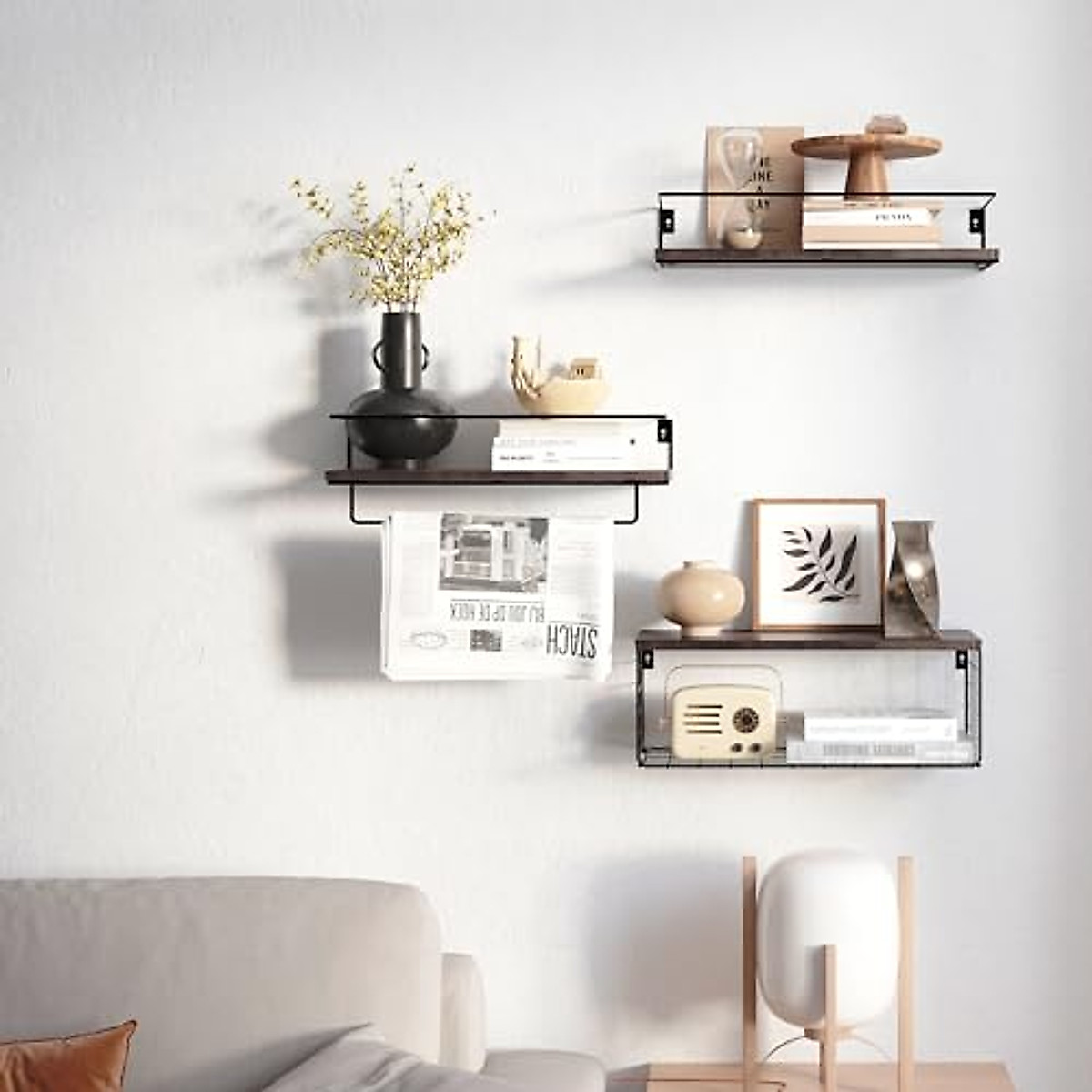 upsimples Bathroom Shelves with Storage Basket, Wall Shelves Over Toilet with Towel Bar and Paper Holder, Farmhouse Wood Floating Shelf for Bedroom, Living Room, Kitchen, Office, Dark Brown Set of 3