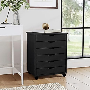 Linon Rolling Storage Corinne Cart, Six Wide Drawers, Black Wide