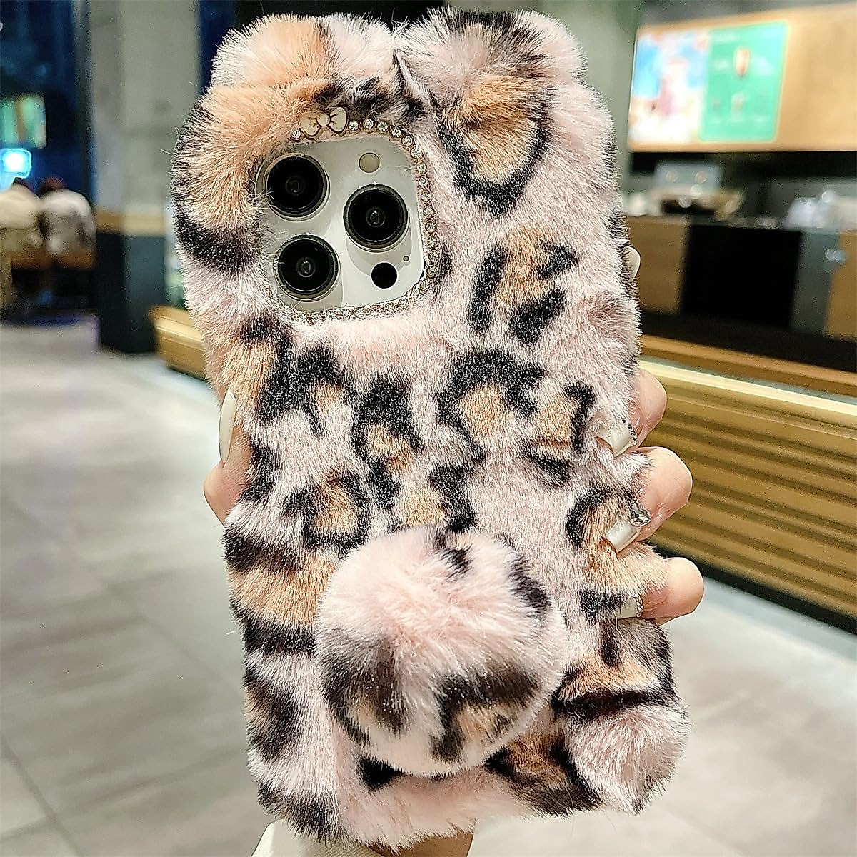 for Samsung A04/A04s Furry Case, Lucky Leopard Pattern Cute Rabbit Bunny with Soft Fluffy Ears Tail Doll Fuzzy Hair Fur Plush Phone Case Cover Women Girl
