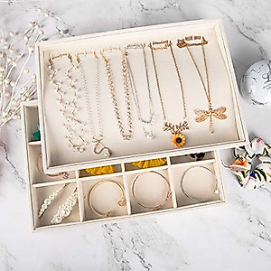 Mebbay Large Stackable Velvet Jewelry Trays Organizer, Jewelry Storage Display Trays for Drawer, Earring Necklace Bracelet Ring Organizer, Set of 4 (Warm White), 13.8" x 9.5" x 1.18"