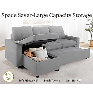 yoyomax L Shaped Sofa-82'' Sectional Sofa with Storage Chaises & Cup Holders, Pull Out Bed & Storage Space for Living Room, Apartment and Office, Light Grey(Left)