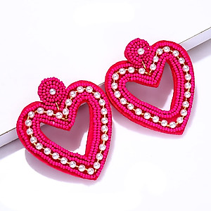 Valentines Heart Earrings Handmade Pearls Embellished Love Heart Beaded Earrings Fashion Trendy lightweight acrylic double heart Dangle Earrings for Women Valentine’s Dating Jewelry