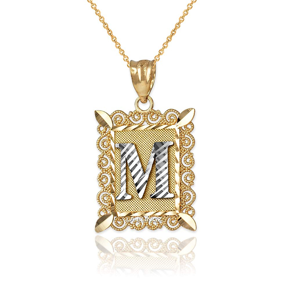 LA BLINGZ 14K Yellow Gold Filigree Alphabet Initial Letter M DC Pendant Necklace (16" Necklace)