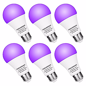 FAGUANGAO LED Black Light Bulb,9W(75Watt Equivalent) A19 UV Blacklight Bulb,120V,UVA Level 390-400nm,E26 Medium Base,Glow in The Dark for Blacklight Party,Fluorescent Poster,Body Paint(6 Pack)