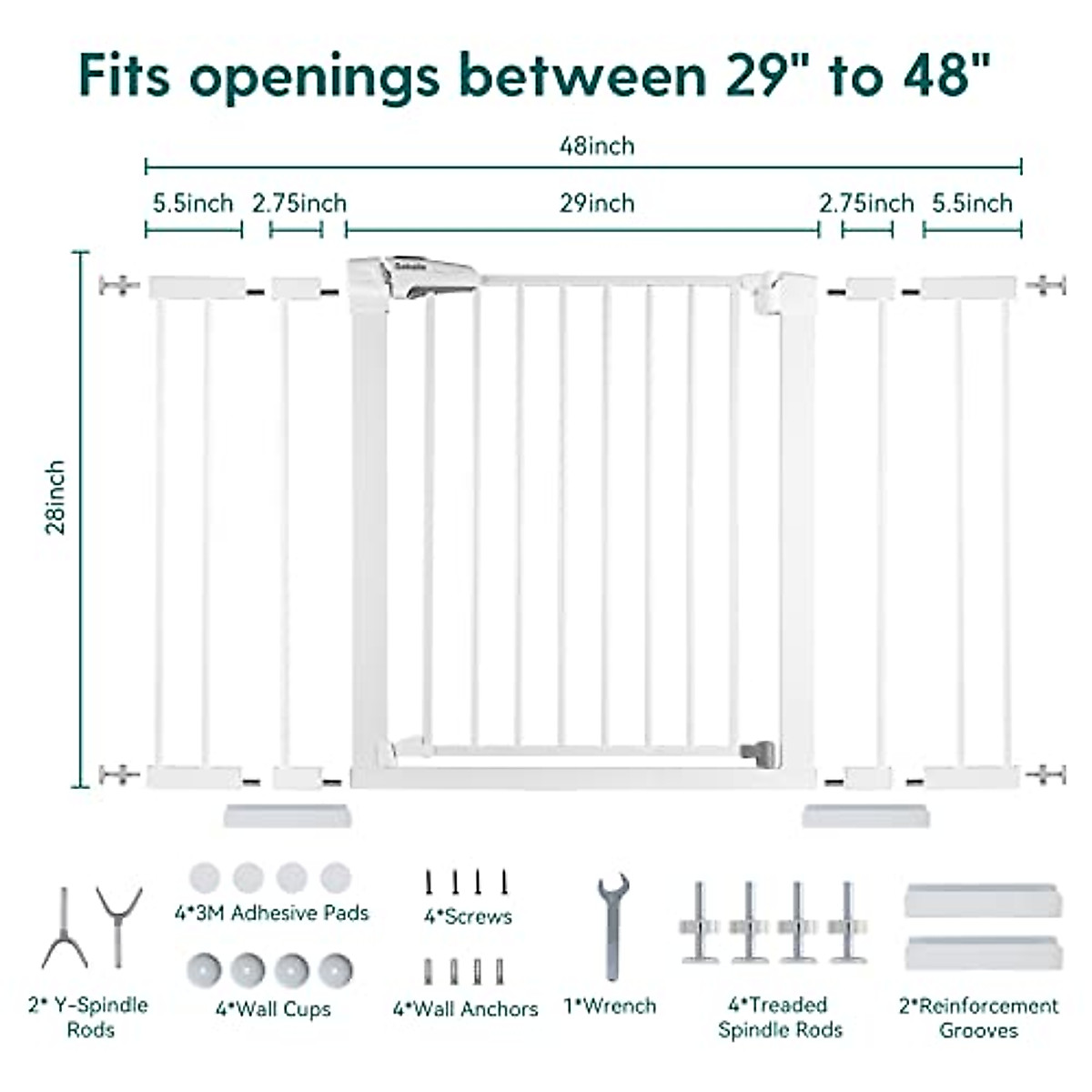 BABELIO Metal Baby Gate Dog Gate 29-48 Inch Extra Wide Pet Gate for Stairs & Doorways, Pressure Mounted Walk Thru Child Gate with Door, NO Need Tools NO Drilling, with Wall Cups