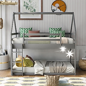 LostCat Bunk Bed Twin Over Twin, Wood Twin Size House Floor Bunk Beds w/Safety Guardrail & Ladder, Space Saving Design, No Box Spring Needed, Gray