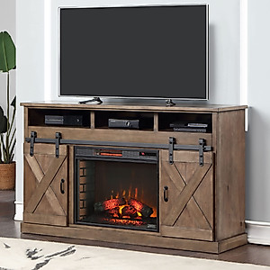 Bridgevine Home Rustic Farmhouse Fireplace TV Stand, 66 Inches, Accommodates TVs up to 80 inches, Fully Assembled, Knotty Alder Solid Wood, Barnwood Finish