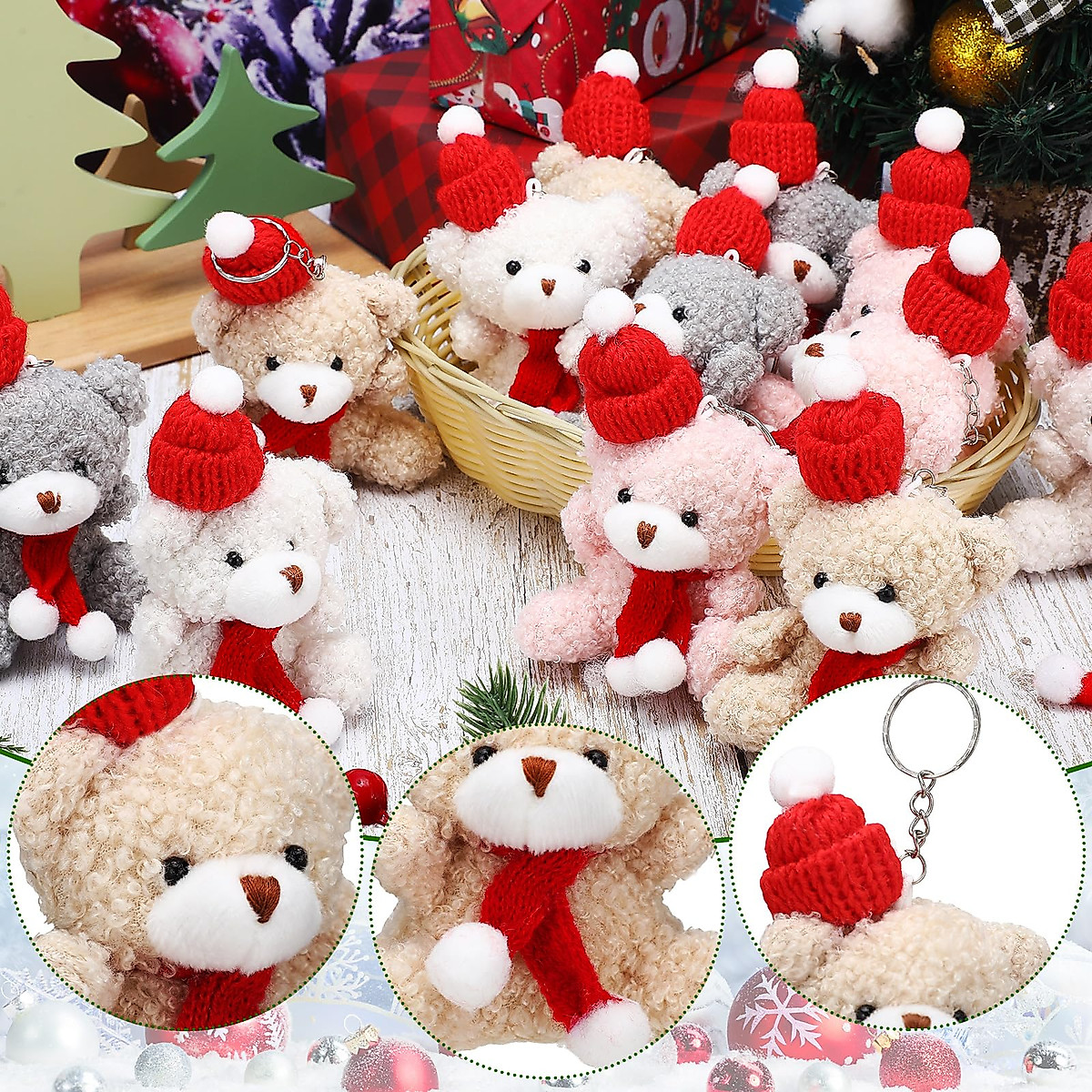 Jexine 12 Pcs Christmas Mini Plush Bears Bunny 3.14 Inch Tiny Stuffed Jointed Furry Doll Toys for DIY Gifts Christmas Tree Stocking Stuffers Keychain Baby Shower Wedding Party Favors(Cute Bear)