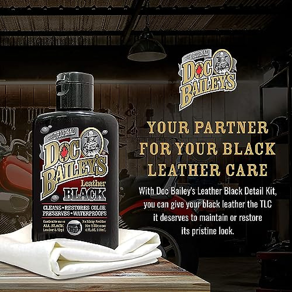 Doc Baileys Black Leather Detail Kit - Restore Your Black Leather & Vinyl Gear - Leather Cleaner, Conditioner, Waterproofer, & Protectant - Re-Dye & Maintain Your Favorite Leather to Look Like New