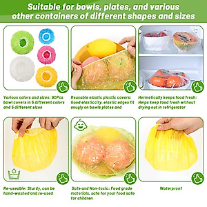90Pcs Reusable Elastic Food Bowl Storage Covers, Sublaga Bowl Covers, Variety of 5 Translucent Stretchable Sizes and Colorful Dish Plate Covers, Alternative to foil, Plastic Wrap,BPA Free