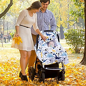 Car Seat Covers for Babies, Baby Car Seat Cover for Girls Boys, Kick-Proof Newborn Carrier Canopy with Breathable Mesh Peep Window, Windproof Stretchy Stroller Canopy(Dinosaur)