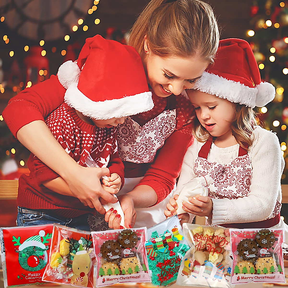 YVPSI 300 Pcs Christmas Candy Bags Self Adhesive Holiday Treat Cookie Bags Christmas Cellophane Bags Candy Bags Xmas Cellophane Treat Bags Plastic Coo