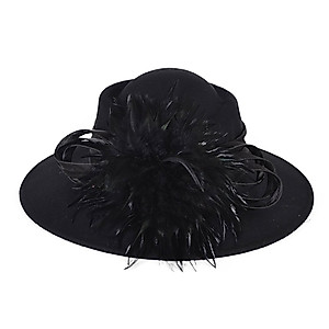 FORBUSITE Women Wool Felt Dress Party Hats for Fall, Winter Church Hats 1920s 1950s 60s (Wide Brim with Feather-Black)