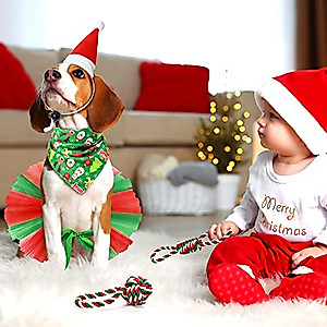 5 Pieces Christmas Dog Costume Set, Include Christmas Adjustable Pet Hat, Red and Green Tutu Skirt, Dog Bandana, Christmas Rope Dog Toy for Small Medium Dog Puppy Cat Pet Xmas Party Accessories