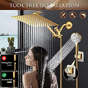 High Pressure Rainfall Shower Head/Handheld Shower Combo with 11" Adjustable Extension Arm, 5 Spray Settings Shower Heads with 60" Hose Anti-leak (Gold), 10"