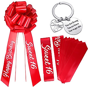 20 Inches Car Bow Sweet for Happy Birthday 16 Car Red Pull Bow Car Large Wrapping Bow Decoration with 20 Feet Car Ribbon and Sweet Keychain for 16th Birthday