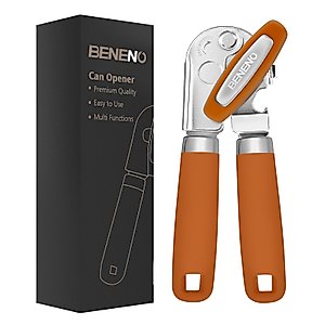 Can Opener Manual, Can Opener with Magnet, Hand Can Opener with Sharp Blade Smooth Edge, Handheld Can Openers with Big Effort-Saving Knob, Can Opener with Multifunctional Bottles Opener, Orange