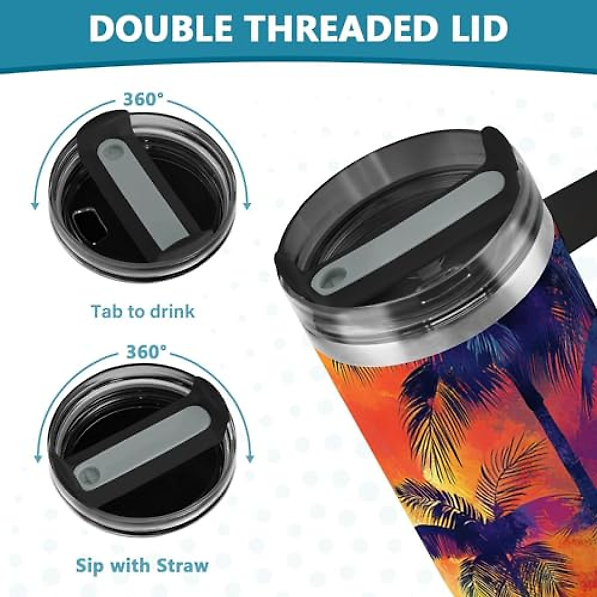 Selerdon 40 oz Tumbler Coconut Trees Tropical Print with Handle and Straw Lid Vacuum Stainless Steel Insulated Water Bottle Travel Mug Car Cup Holder Friendly BPA Free for Gym Travel Office