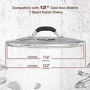 WishDirect 12 Inch Tempered Glass Pot Lid Compatible with 12” Lodge Cast Iron Skillets and 7 Quart Dutch Ovens - Designed with Steam Vent Hole and Heat Resistant Handle