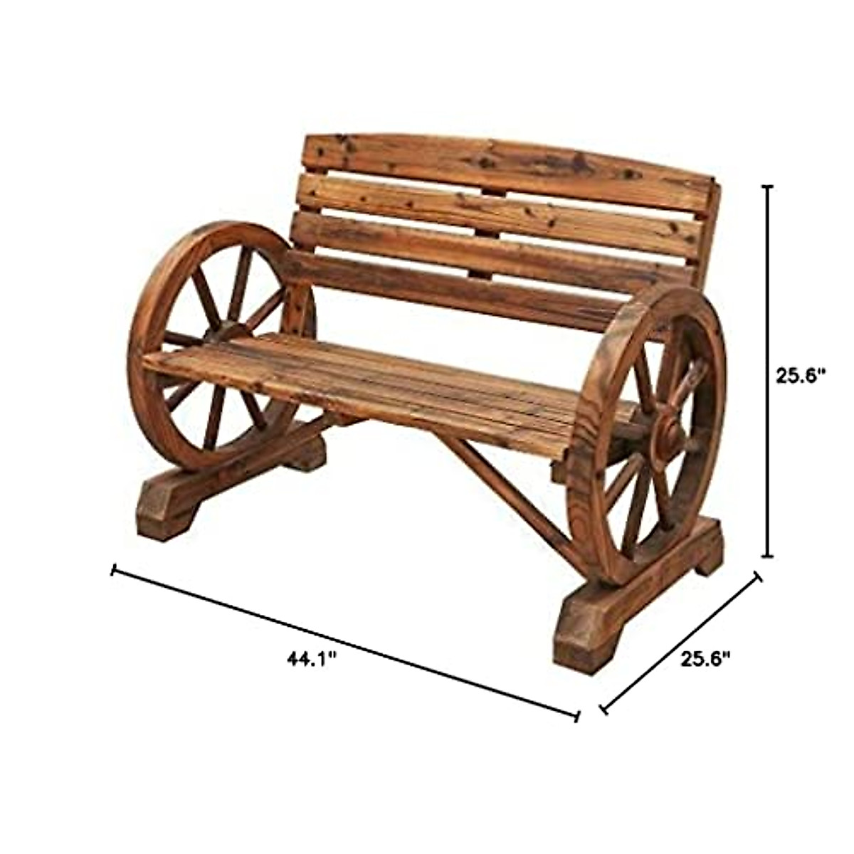 LOKATSE HOME Wooden Wagon Wheel Bench 2-Person Outdoor Rustic Chair Country Yard with Backrest, Burnt-Finished