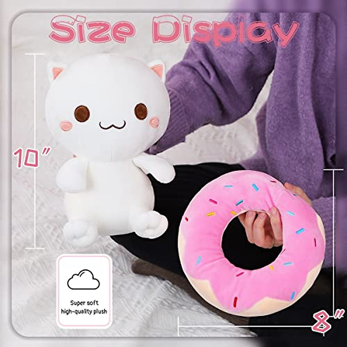 AIXINI Cute Plush Donut Cat Stuffed Animal, Super Soft Kawaii Cat Kitten Plushies for Kids 10inch (White,A)