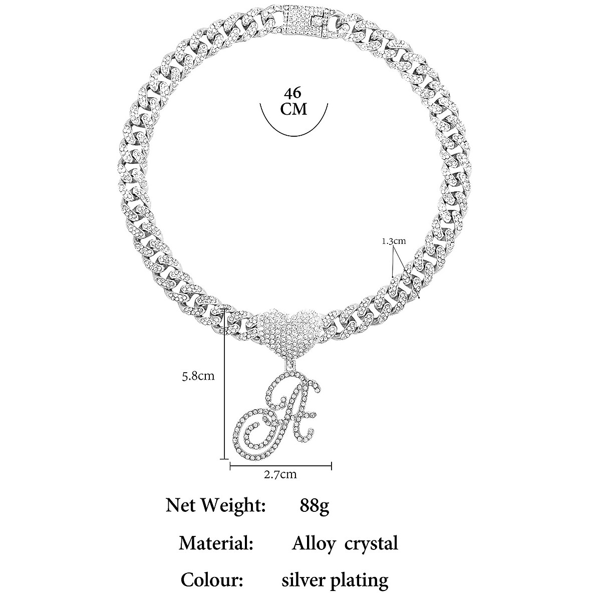 PTJDSMF Cursive Silver Initial Pendant Necklaces Alphabet Pendant Miami Cuban Link Chain Necklace for women Hip Hop Iced Out Letter Chain with Pendant Jewelry … (Cuban Link Chain K)